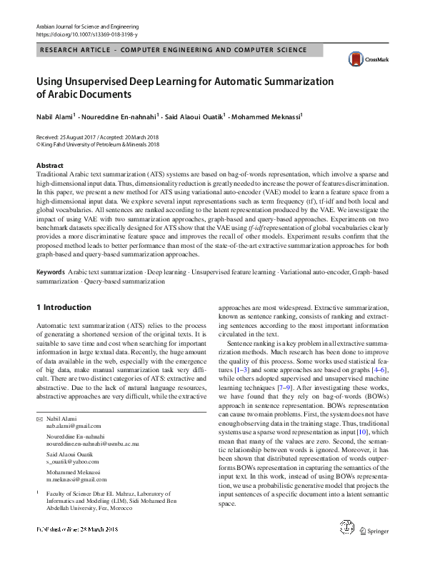 (PDF) Using Unsupervised Deep Learning for Automatic Summarization of Arabic Documents