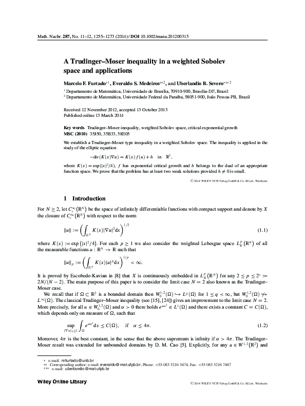 Pdf A Trudinger Moser Inequality In A Weighted Sobolev Space And Applications