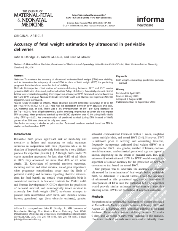 (PDF) Accuracy of fetal weight estimation by ultrasound in periviable ...