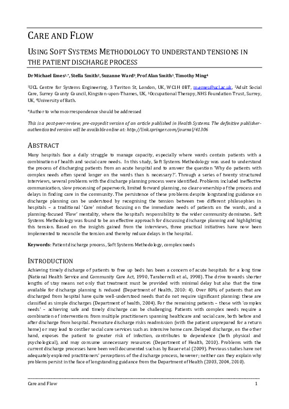 (PDF) Care and Flow: Using Soft Systems Methodology to understand tensions in the patient ...