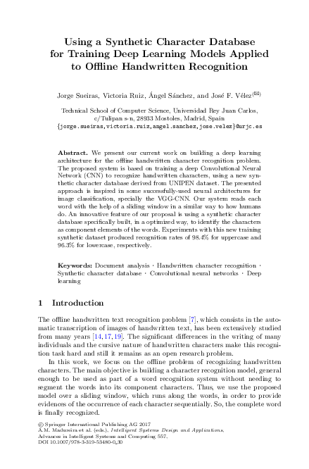 Pdf Using A Synthetic Character Database For Training Deep Learning Models Applied To Offline