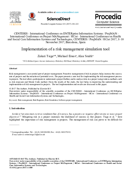 (PDF) Implementation of a risk management simulation tool