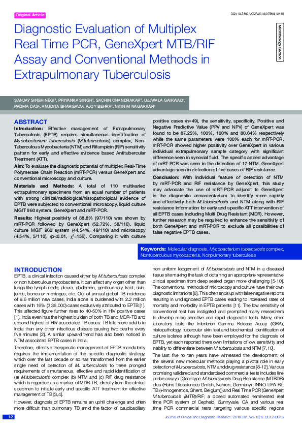 (PDF) Diagnostic Evaluation of Multiplex Real Time PCR, GeneXpert MTB/RIF Assay and Conventional ...