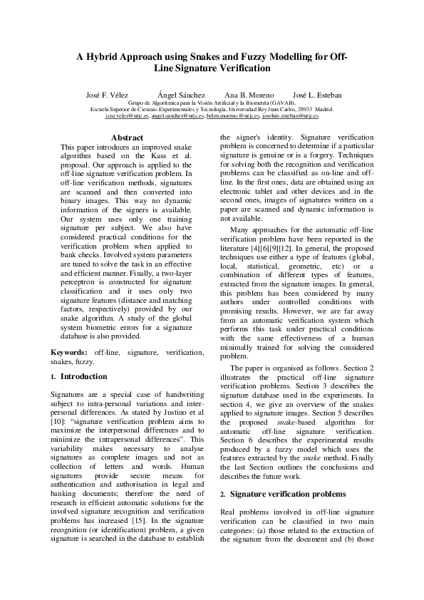 (PDF) A hybrid approach using snakes and fuzzy modelling for offline signature verification