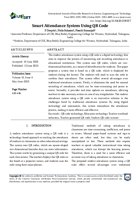 (PDF) Smart Attendance System Using QR Code | International Journal of ...