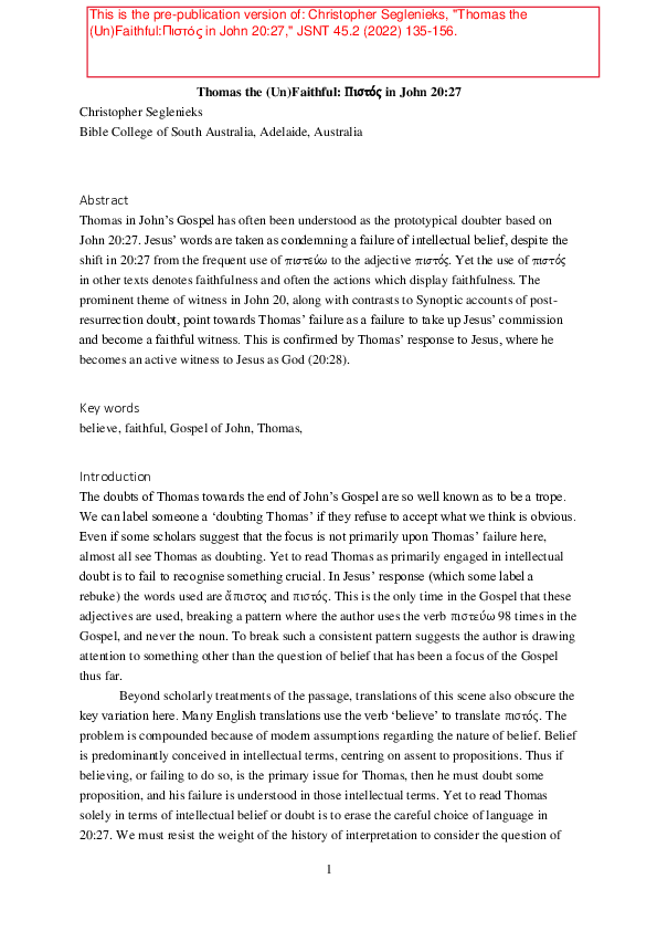 (PDF) Thomas the (Un)Faithful: Πιστός in John 20:27