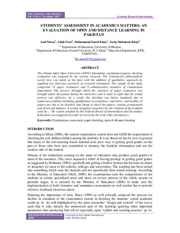 (PDF) Students' Assessment in Academics Matters: An Evaluation of Open and Distance Learning in ...