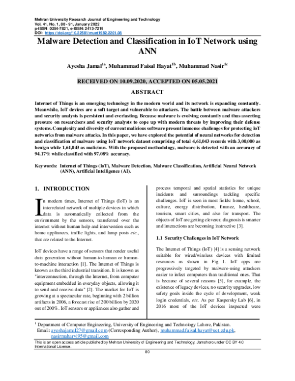 Pdf Malware Detection And Classification In Iot Network Using Ann