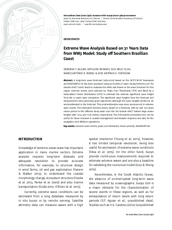 (PDF) Extreme Wave Analysis Based on 31 Years Data from WW3 Model: Study off Southern Brazilian ...
