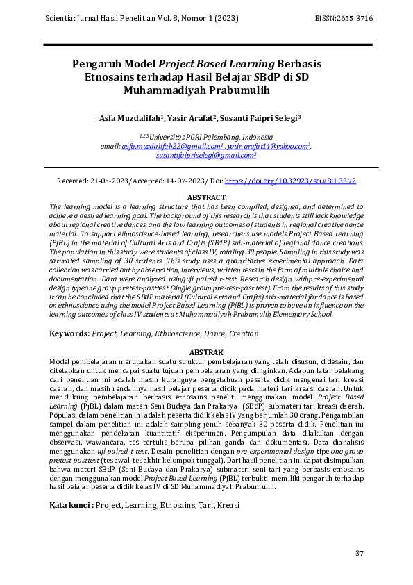 (PDF) Pengaruh Model Pembelajaran Project Based Learning Berbasis Etnosains Terhadap Hasil ...