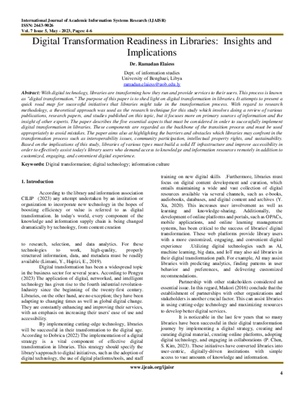 (PDF) Digital Transformation Readiness in Libraries: Insights and Implications