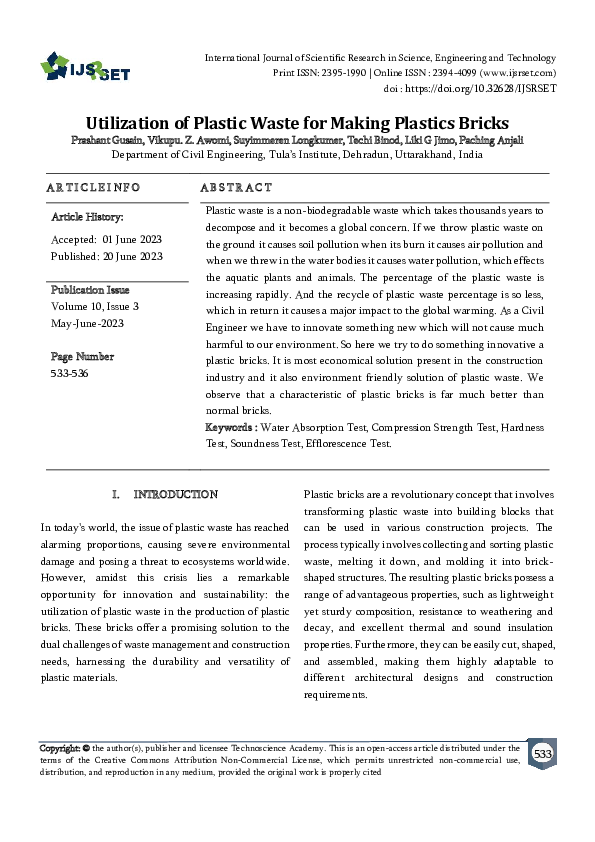 (PDF) Utilization of Plastic Waste for Making Plastics Bricks