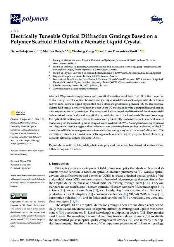 (PDF) Electrically Tuneable Optical Diffraction Gratings Based on a Polymer Scaffold Filled with ...