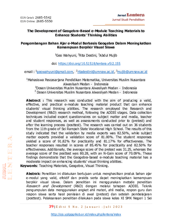 (PDF) Pengembangan Bahan Ajar E-Modul Berbasis Geogebra Untuk Meningkatkan Kemampuan Berpikir ...