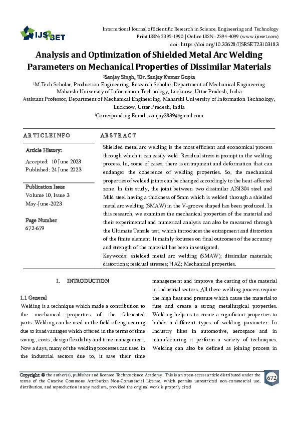 (PDF) Analysis and Optimization of Shielded Metal Arc Welding Parameters on Mechanical ...