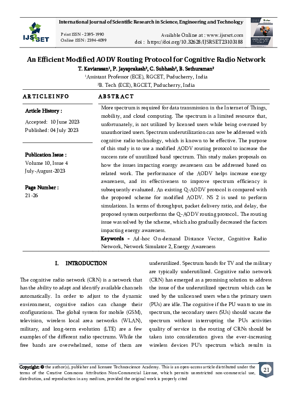 Pdf An Efficient Modified Aodv Routing Protocol For Cognitive Radio