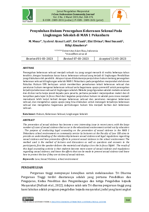 (PDF) Penyuluhan Hukum Pencegahan Kekerasan Seksual Pada Lingkungan Sekolah di MAN 1 Pekanbaru