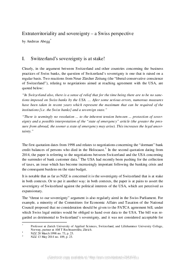 (PDF) Extraterritoriality and sovereignty - a Swiss perspective