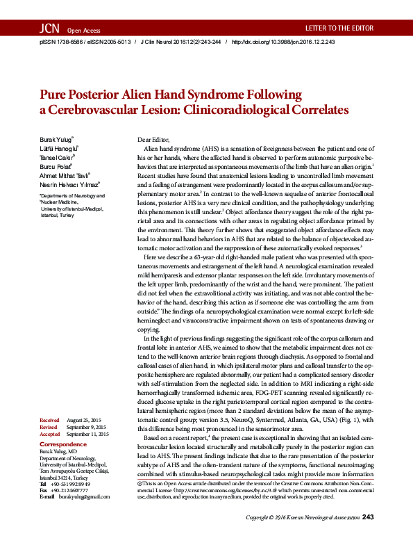 (PDF) Pure Posterior Alien Hand Syndrome Following a Cerebrovascular ...