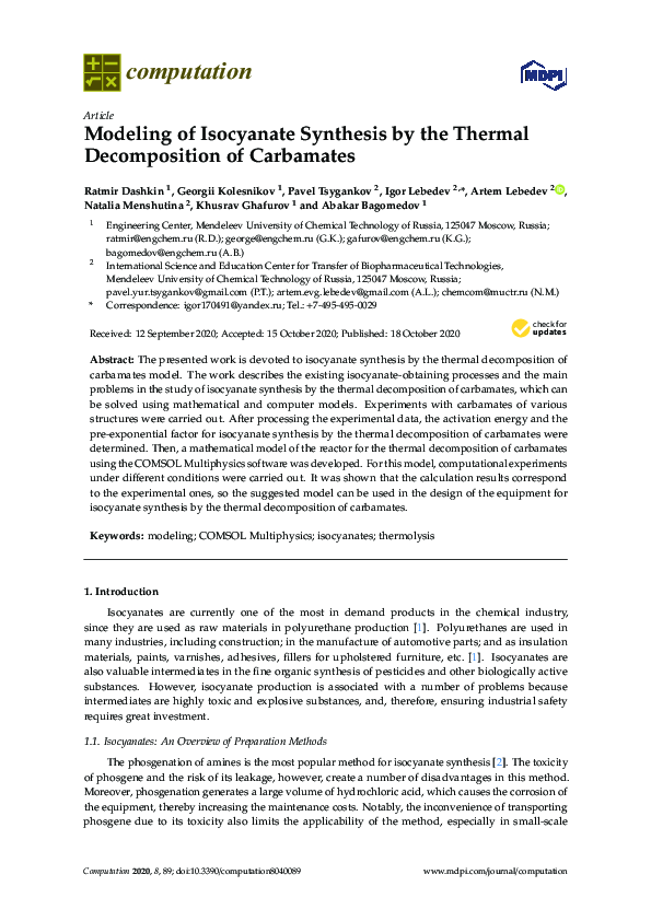 (PDF) Modeling of Isocyanate Synthesis by the Thermal Decomposition of ...