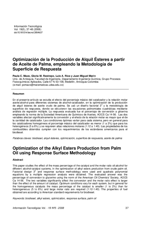 (PDF) Optimización de la Producción de Alquil Ésteres a partir de ...