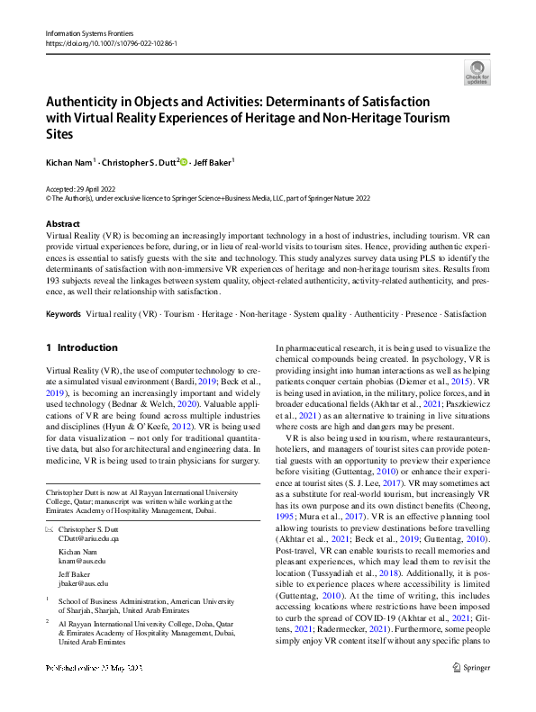 (PDF) Authenticity in Objects and Activities: Determinants of Satisfaction with Virtual Reality ...
