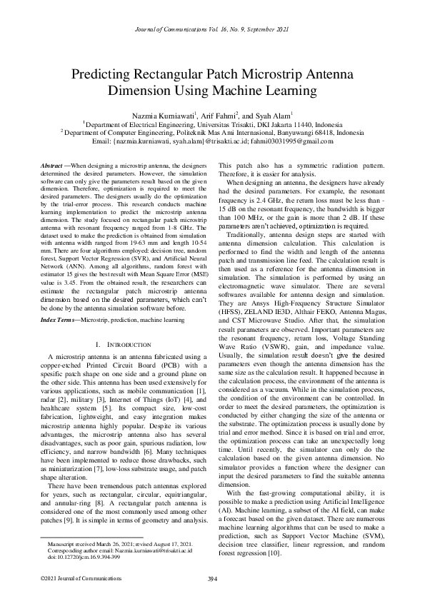 (PDF) Predicting Rectangular Patch Microstrip Antenna Dimension Using Machine Learning