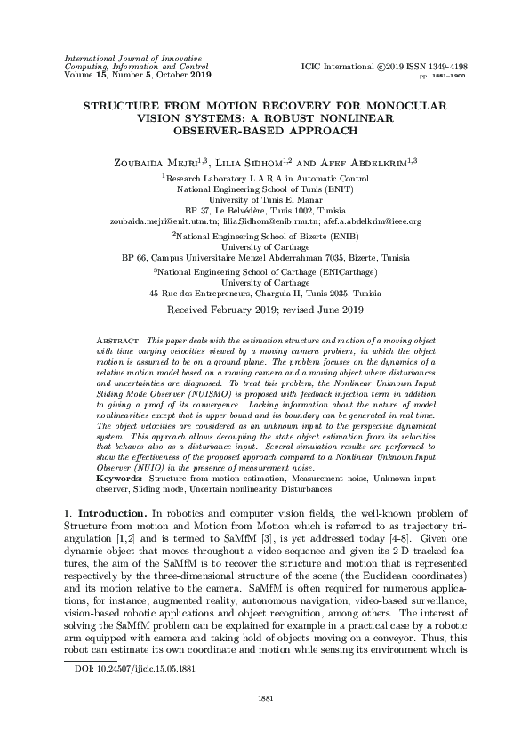 (PDF) Structure from Motion Recovery for Monocular Vision Systems: A Robust Nonlinear Observer ...