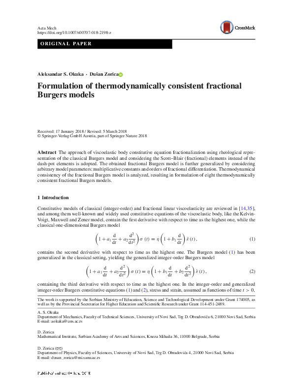 (PDF) Formulation of thermodynamically consistent fractional Burgers models | Aleksandar Okuka ...