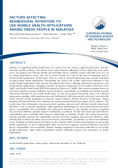 (PDF) Factors Affecting Behavioural Intention to Use Mobile Health Applications among Obese ...