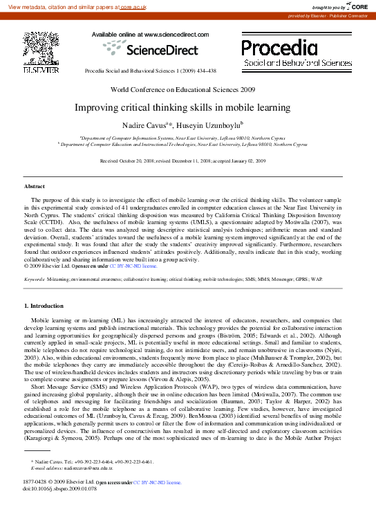 (PDF) Improving critical thinking skills in mobile learning
