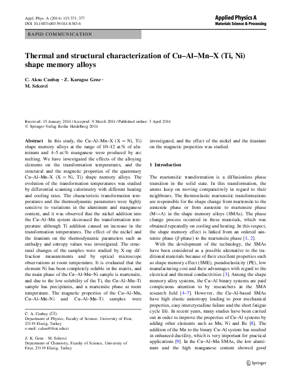 (PDF) Thermal and structural characterization of Cu–Al–Mn–X (Ti, Ni) shape memory alloys