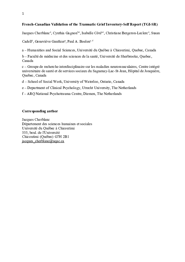 (DOC) French-Canadian validation of the Traumatic Grief Inventory-Self ...