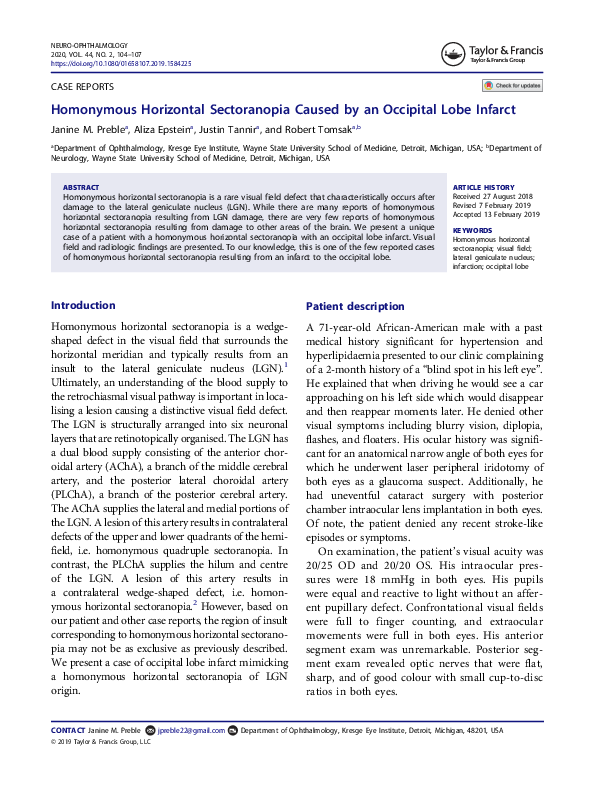 (PDF) Homonymous Horizontal Sectoranopia Caused by an Occipital Lobe ...