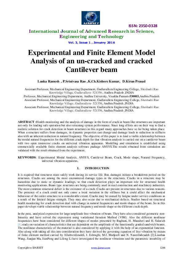 (PDF) Experimental and Finite Element Model Analysis of an un-cracked and cracked Cantilever beam