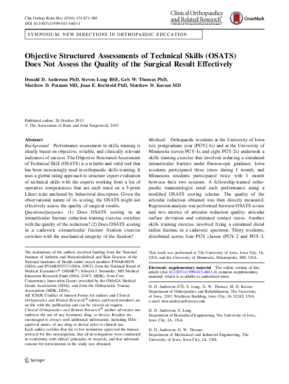 (PDF) Objective Structured Assessments of Technical Skills (OSATS) Does ...