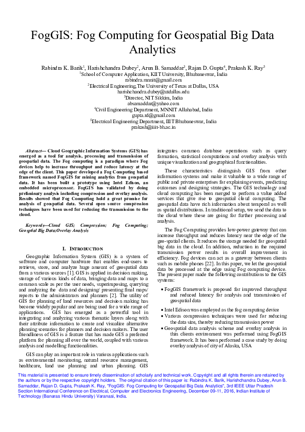 (PDF) FogGIS: Fog Computing for geospatial big data analytics