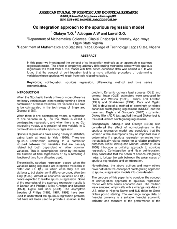 (PDF) Cointegration approach to the spurious regression model