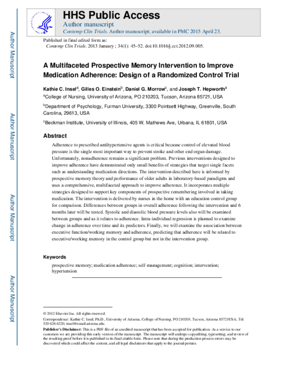 (PDF) A multifaceted prospective memory intervention to improve medication adherence: Design of ...
