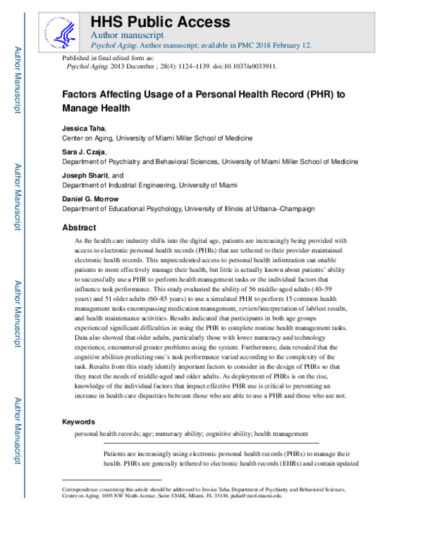 (PDF) Factors affecting usage of a personal health record (PHR) to ...