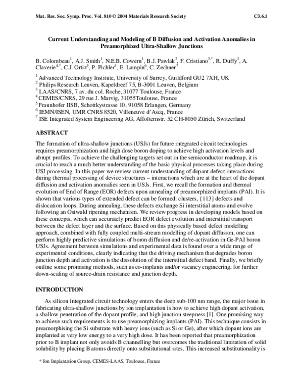 (PDF) Current Understanding and Modeling of B Diffusion and Activation ...