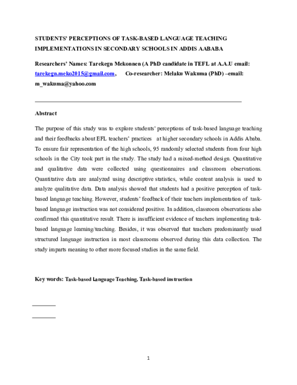 (DOC) STUDENTS' PERCEPTIONS OF TASK-BASED LANGUAGE TEACHING IMPLEMENTATIONS IN SECONDARY SCHOOLS ...