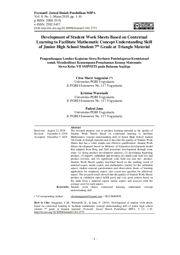 (PDF) Development of Student Work Sheets Based on Contextual Learning ...