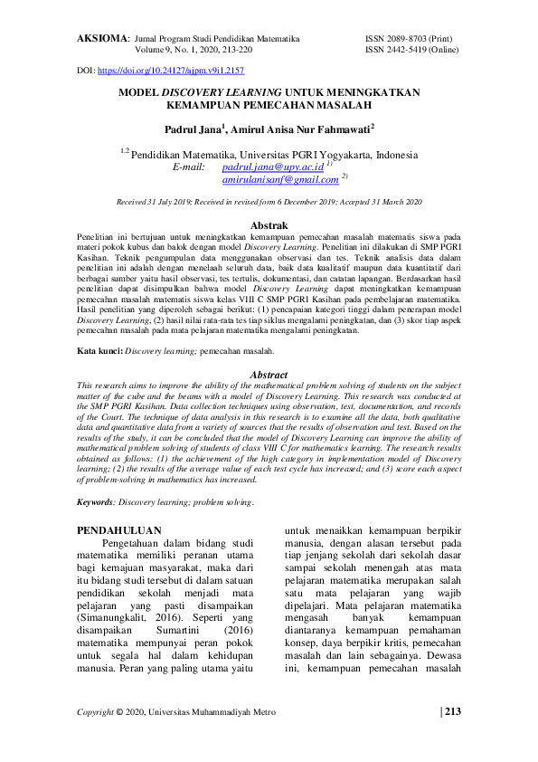 (PDF) Model Discovery Learning Untuk Meningkatkan Kemampuan Pemecahan Masalah Siswa Kelas Viiic