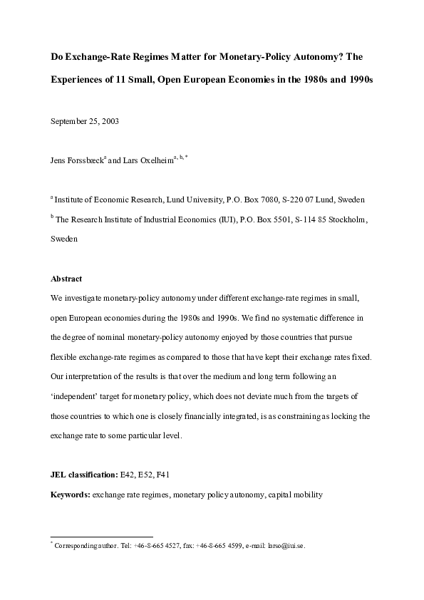 (PDF) Do Exchange-Rate Regimes Matter for Monetary-Policy Autonomy? The ...