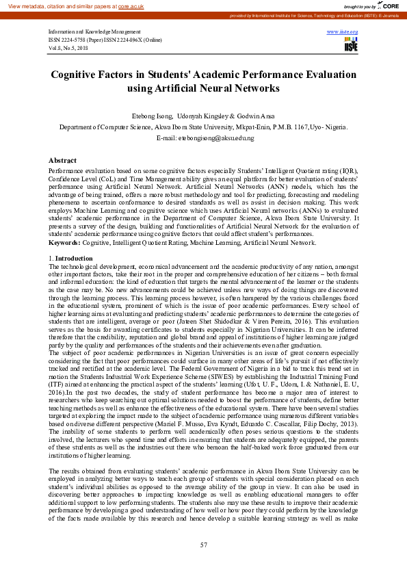 (PDF) Cognitive Factors in Students' Academic Performance Evaluation using Artificial Neural ...