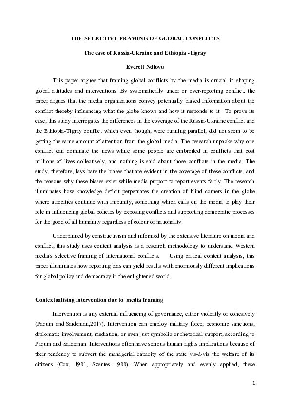 (DOC) THE SELECTIVE FRAMING OF GLOBAL CONFLICTS The case of Russia-Ukraine and Ethiopia -Tigray