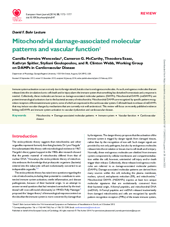 (PDF) Mitochondrial damage-associated molecular patterns and vascular ...