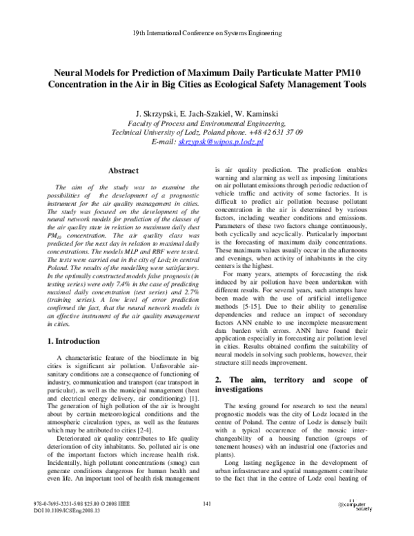 (PDF) Neural Models for Prediction of Maximum Daily Particulate Matter PM10 Concentration in the ...