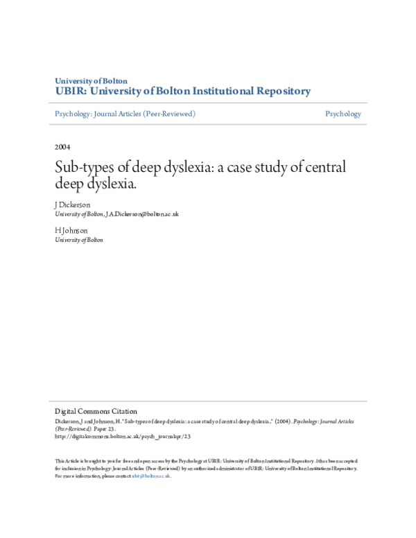 (PDF) Sub-Types of Deep Dyslexia: A Case Study of Central Deep Dyslexia